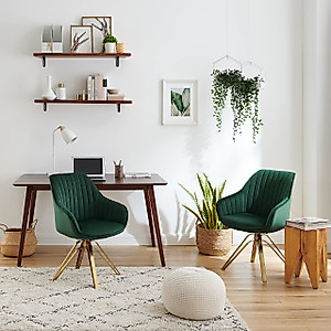 Volans Swivel Accent Chair, Mid Century Modern Desk Chair No Wheels, Upholstered Swivel Office Chair with Hollow Brushed Gold Plated Legs Office Chair for Living Room, Dining Room, Green Black