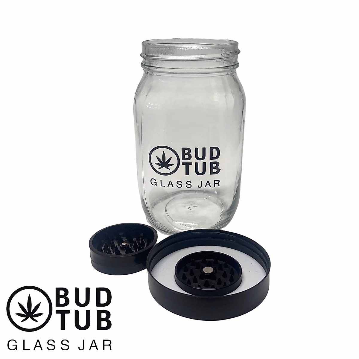 Glass Herb Storage Jar with Magnetic Herb Grinder INSIDE the lid. This Airtight, Smell Proof, Storage Container has an Added Seal to Keep the Scent Contained and Goods Fresh for Longer (Regular)