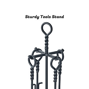 Lichamp Fireplace Tools Set, 5-Pieces Indoor Outdoor Sturdy Fire Place Poker Sets with Retro Handle and Heat Resistant Leather Gloves, FTS55BK