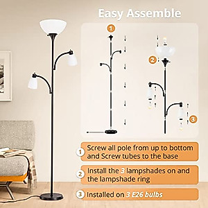 LEDIARY 72" Floor Lamp, Modern Torchiere Floor Lamp with 2 Adjustable Reading Lamp, 8W 3000K 750LM (3 Bulbs Included) Standing Lamp, Black Floor Lamps for Living Room, Bedroom, Office