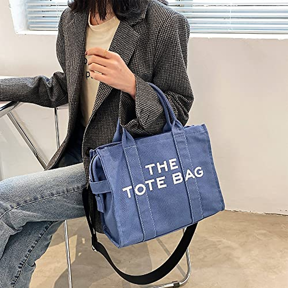 DAENO The Medium Canvas Tote Bag for Women With Zipper Canvas Handbags Crossbody Bag for Office, Travel, School(Blue)
