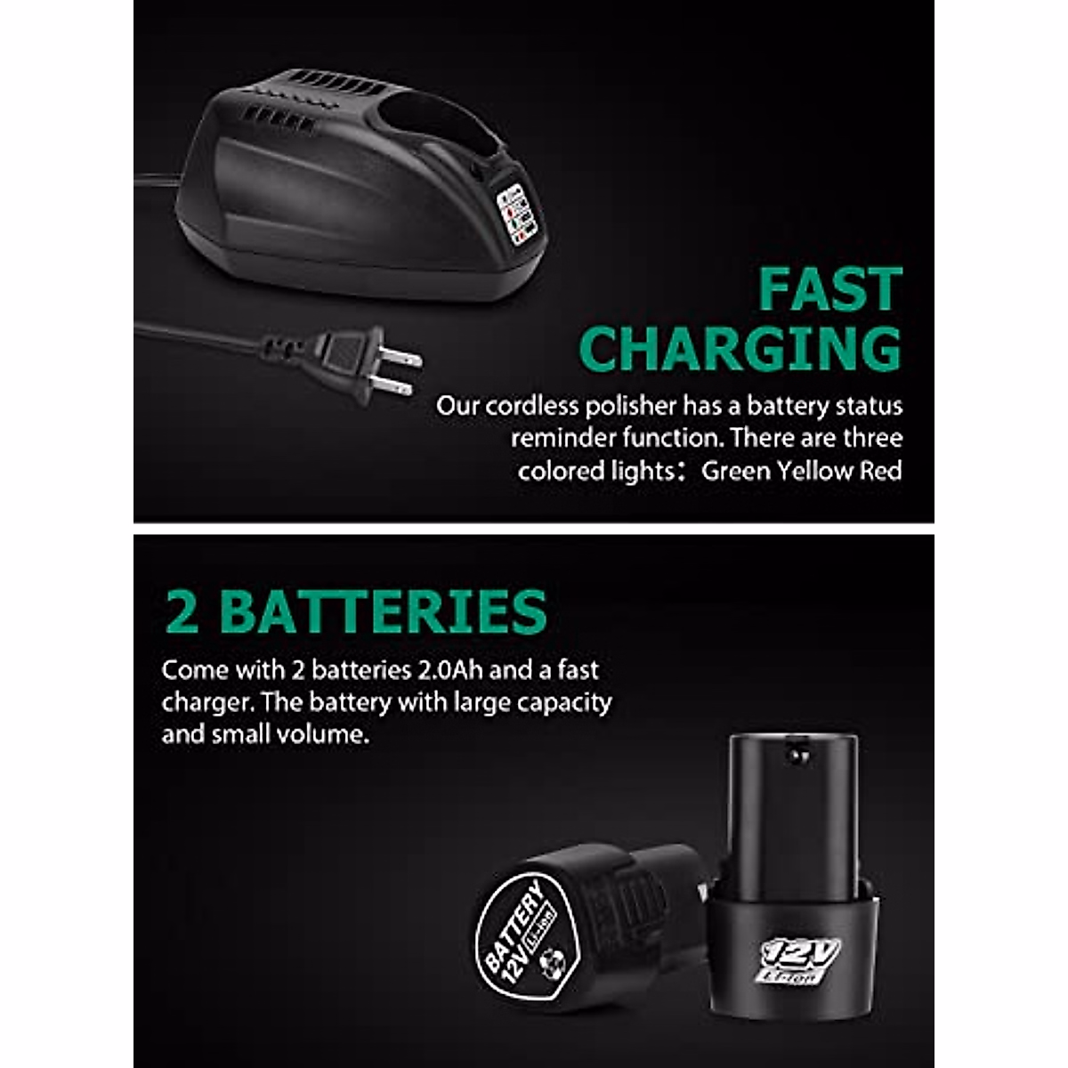 Cordless Car Buffers and Polishers Kit with 2pcs 12V Lithium Rechargeable Battery Polisher with Variable Speed, 2.0Ah Portable Buffer Kit for Buffer/Polisher/Sander (Dark Grey)