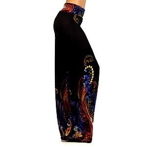Black Palazzo Pants Multi Color Leaf Print Design, Fold Over Waist Band Small