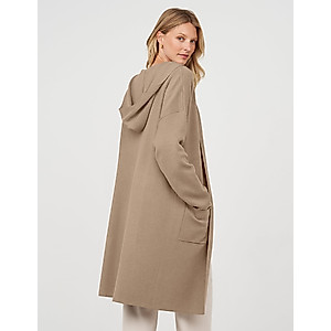 MEROKEETY Long Hooded Cardigan Sweaters for Women Oversized Open Front Coatigan Lady Jacket Coat Pockets, Khaki, Medium