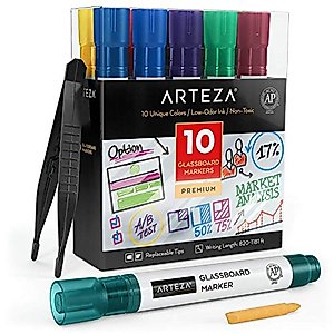ARTEZA Glass Board Dry Erase Markers, Pack of 10 Colors, Low-Odor Ink, Erasable Mirror and Window Markers, Office Supplies for Whiteboards, School