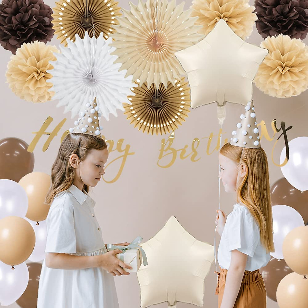 Brown Birthday Party Decorations Tan Brown Paper Fans Paper Pom Poms Happy Birthday Banner Brown Blush Neutral Balloons for Rustic Woodland Teddy Bear Boho Birthday Party Supplies