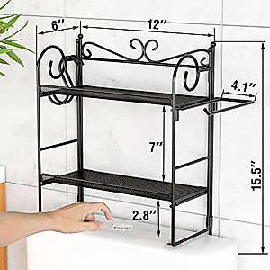 EKNITEY Flolding Over Toilet Storage - No Assembly Bathroom Organizer Shelf Above Toilet Storage Rack with Hooks and Paper Holder 2 Tier Black