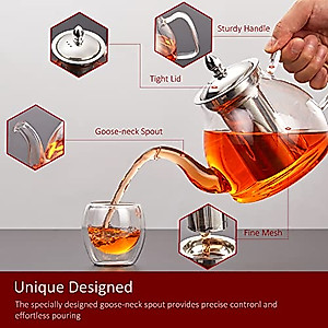 Glass Teapot, 40oz/1200mL Glass Kettle with Removable Stainless Steel Infuser for Blooming Tea & Loose Leaf Tea, Gooseneck Tea Pot, Microwave & Stovetop Safe, Gift Box for Tea Maker