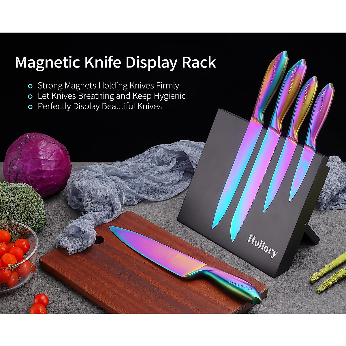 Rainbow Knives Block Set 6 Pieces, Iridescent German High Carbon Stainless Steel Kitchen Knives Pack with Magnetic Knife Display Rack