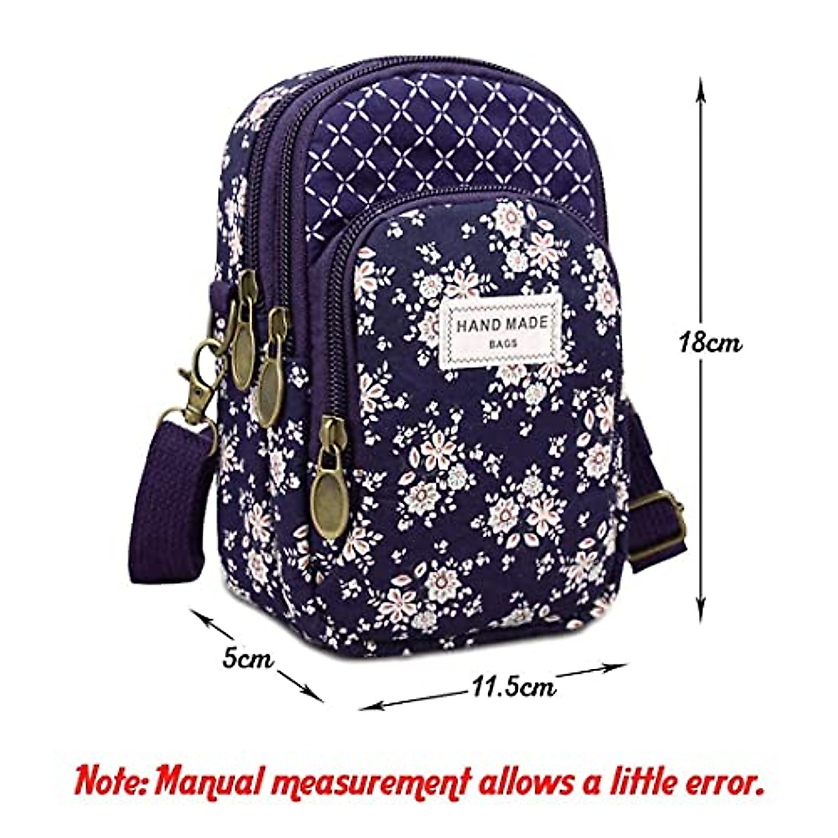 WITERY Canvas Multi-Pockets Cell Phone Purse- Cute Floral Small Crossbody Bag with Adjustable Shoulder Strap, Zipper Smartphone Wallet for Women Girls