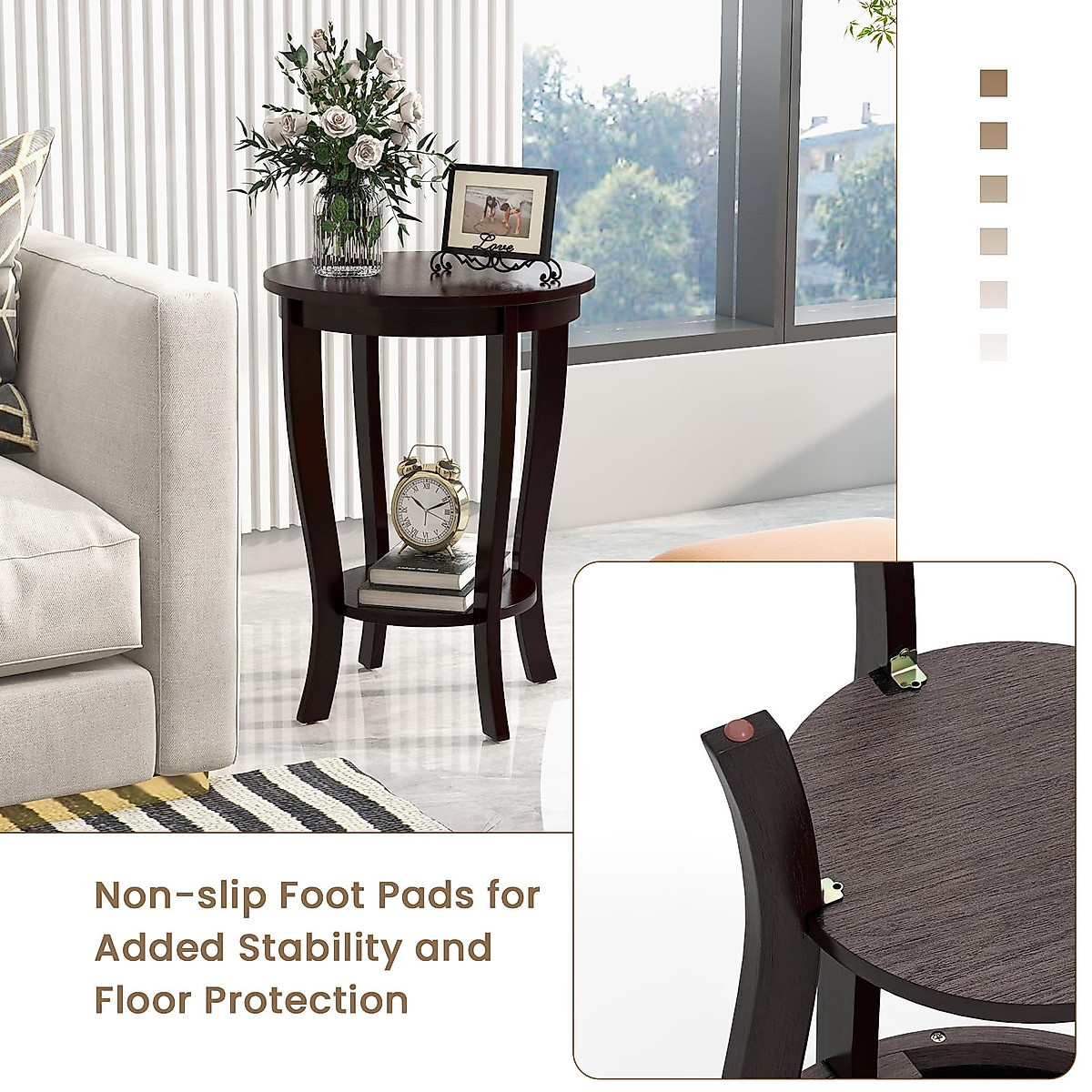 GOFLAME 2-Tier Round End Table, 18” Sofa Side Table with Storage Shelf, Floor Tea Table with Solid Wood Legs, Compact Nightstand for Small Space, Living Room, Bedroom, Espresso