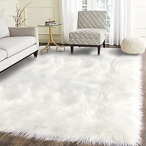 Latepis Faux Fur Sheepskin Rug for Living Room, 4x6 Fluffy Washable Rug for Bedroom, Playroom, Luxury Room Decor, White, Rectangle
