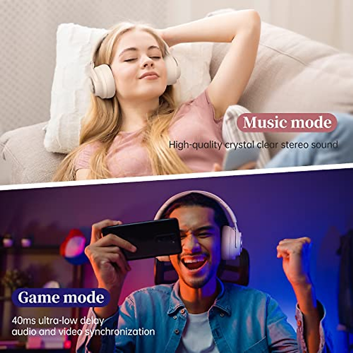 FINGERTIME Bluetooth Headphones Over-Ear, 60H Playtime and with Low Latency Wireless Headphones with Microphone, HiFi Stereo Foldable Lightweight Headset, Deep Bass for Home Office (Beige)