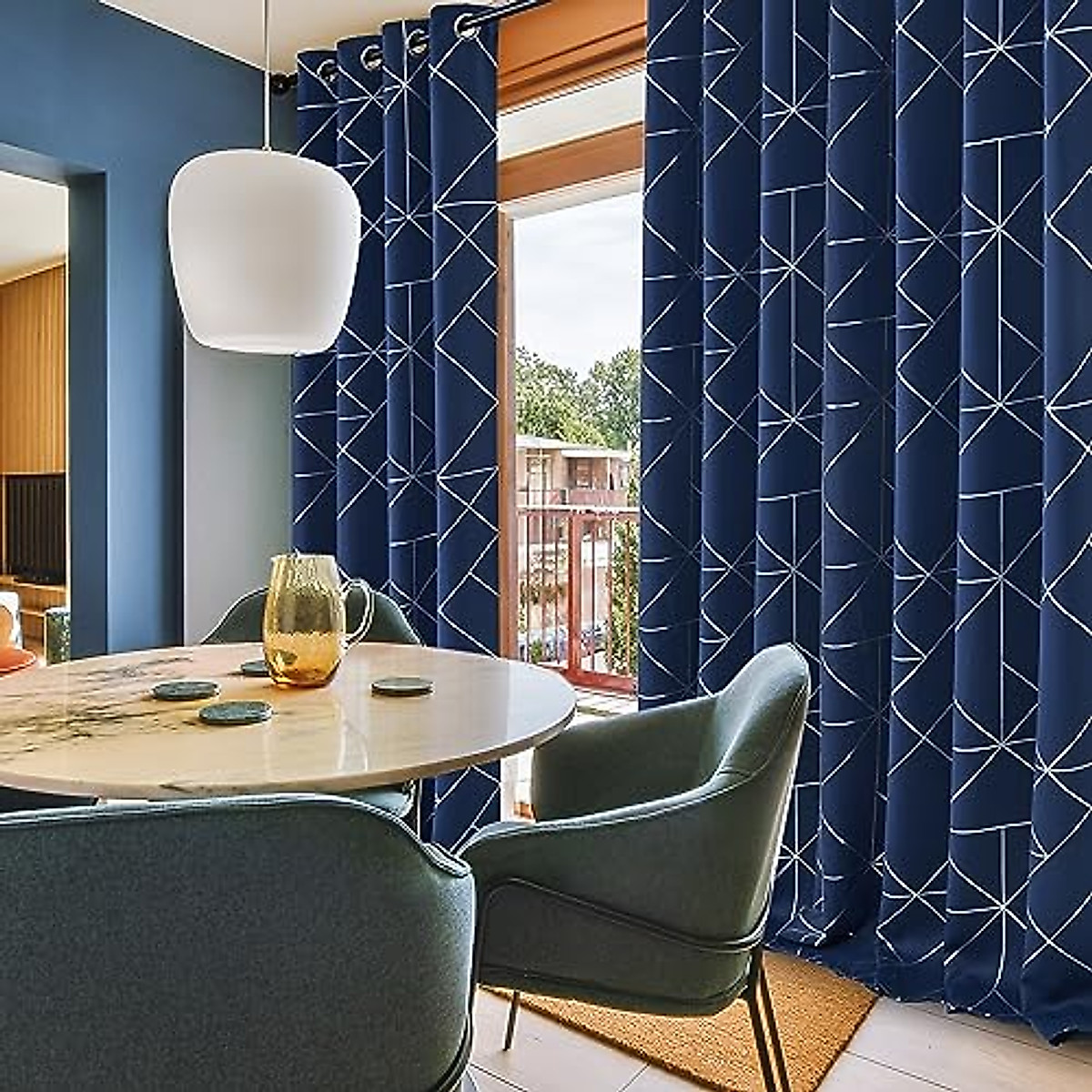 Deconovo Navy Curtains for Bedroom, 84 Inches Long Living Room Curtains Blackout, Silver Geometric Patterned Sliding Door Light Blocking Curtain Drapes, Black Out Window Curtain 52W x 84L 1 Pair