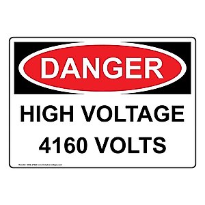ComplianceSigns.com Danger High Voltage 4160 Volts OSHA Safety Label Decal, 5x3.5 in. Vinyl 4-Pack for Electrical