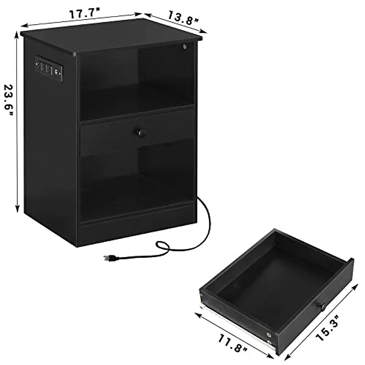 EPHEX Set of 2 Nightstand with Charging Station and Drawer, End Side Table with USB Ports & Power Outlet, Bedside Table Storage Cabinet with 2 Open Drawers for Bedroom, Black