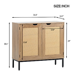 HESIEU Country Style Storage Cabinet with 2 Rattan Doors Natural Wood Sideboard Decorative Table Shoe Cabinet Office Cabinet with Metal Legs for Dining Room Kitchen Hallway Office
