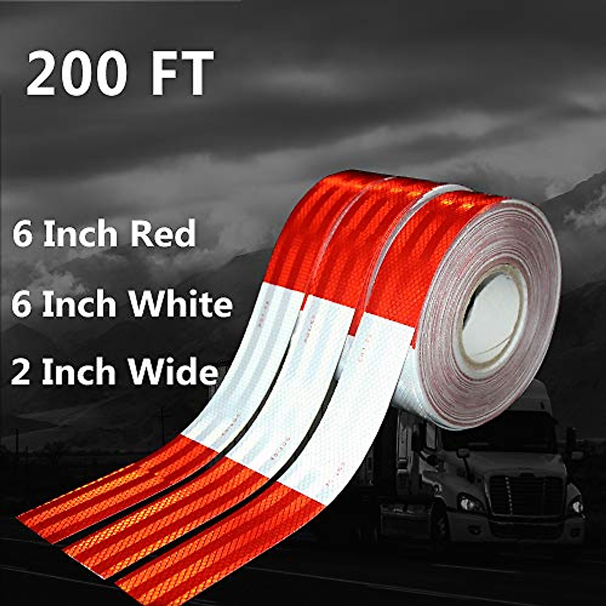 WAENLIR 2 inch x 200Feet Reflective Safety Tape DOT-C2 Waterproof Red and White Adhesive Conspicuity Tape for Trailer, Outdoor, Cars, Trucks