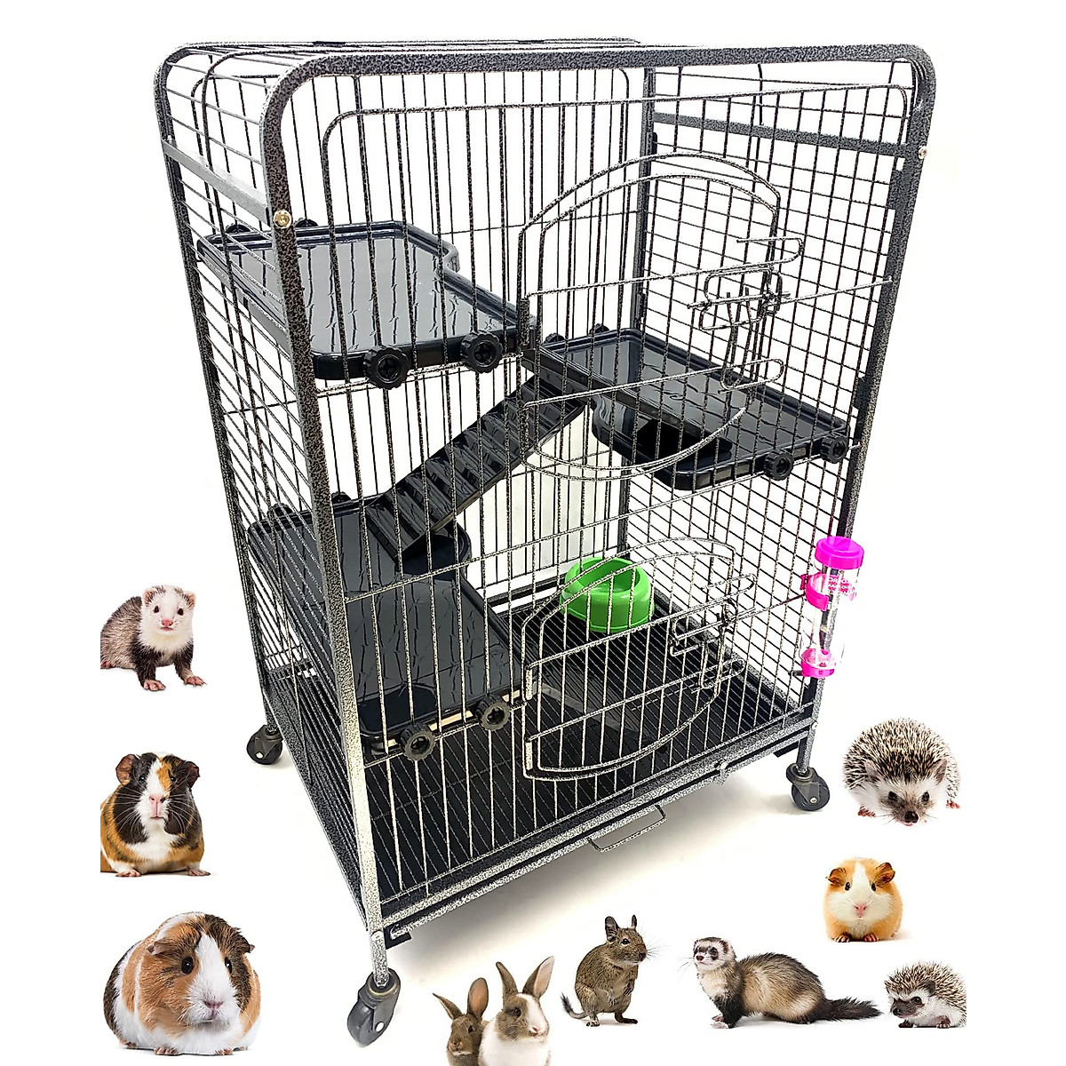 37-inch Metal Ferret Chinchilla Small Animals Hutch Rolling Cage Squirrel/Guinea Pig/Kitten/Rabbit Pet with 2 Front Doors for Indoor Outdoor Solid Plastic Platfroms and Ladders