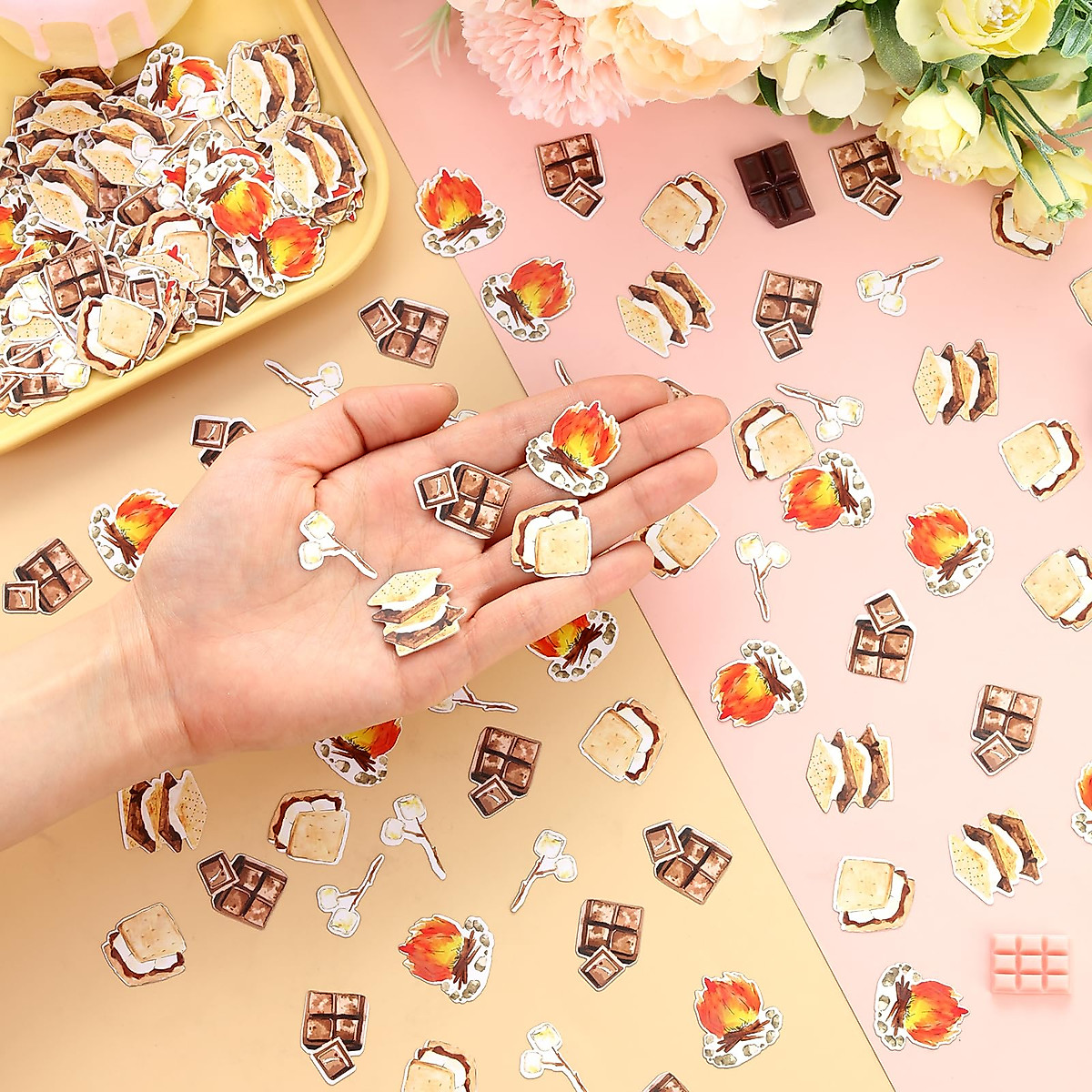 Jollyboom 200PCS Smores Camping Confetti, Smores Baby Shower Decorations Confetti Double-Sided Printing Camping Campfire Camper Confetti Decoration for Table, Camping Theme Party Decoration