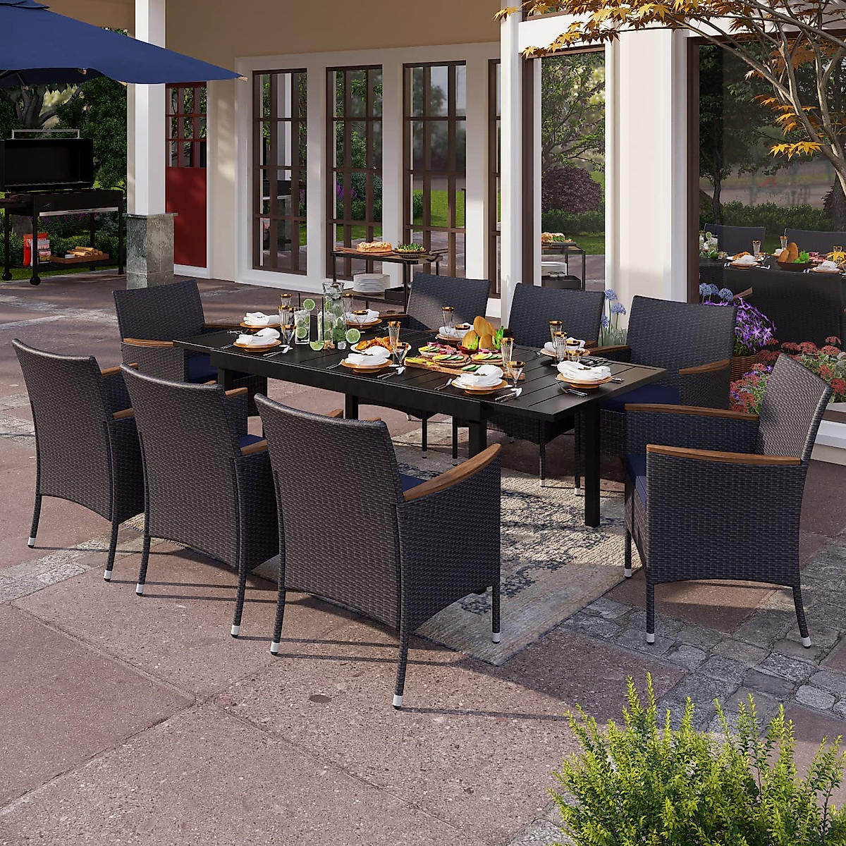 PHI VILLA 9-Piece Outdoor Patio Dining Set for 8, Expandable Rectangular Metal Dining Table & Rattan Cushioned Chairs Furniture Set for Backyard, Deck,