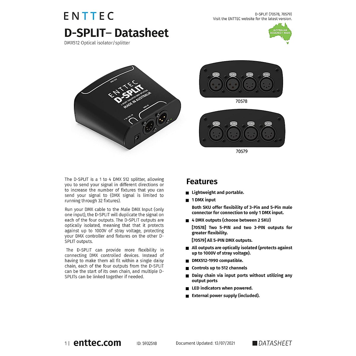 Enttec D-Split 70579 DMX 4 Port Isolated Splitter / Isolator (5-Pin)