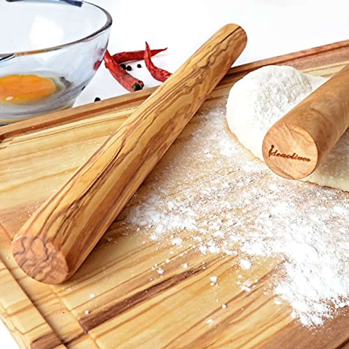 Ideaolives Olive Wood Rolling Pin, Natural Wood Dough Roller, French Rolling Pins for Baking, Non-Toxic Thin Rolling Pin for Pizza Bread Fondant Pasta, Wooden Pizza Roller with No Dents or Gaps, 11.5"