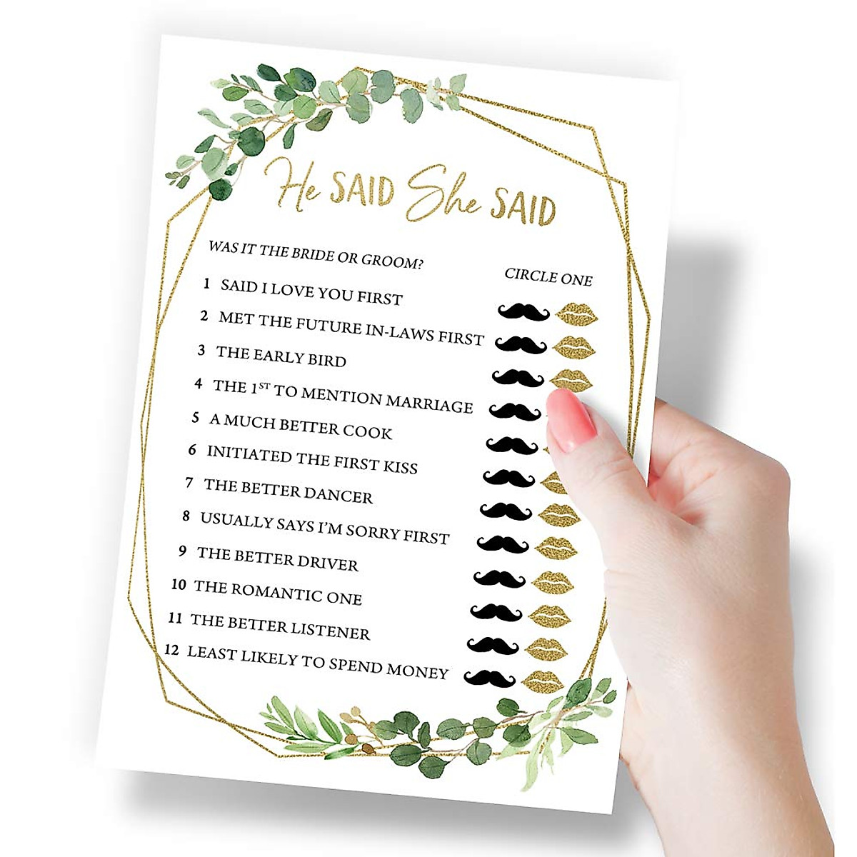 Printed Party Bridal Shower Games – He Said She Said Game with Fun Bride and Groom Trivia, Wedding Shower Activity, Botanical Greenery Theme, 50 Guests