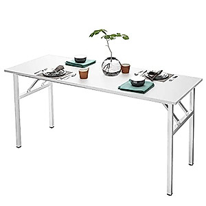 DlandHome 62 Inches Large Home Office Computer Desk, No Install Needed, Composite Wood Board, Folding Dining Table/Workstation, 62 Inches White and White Legs, 1 Pack