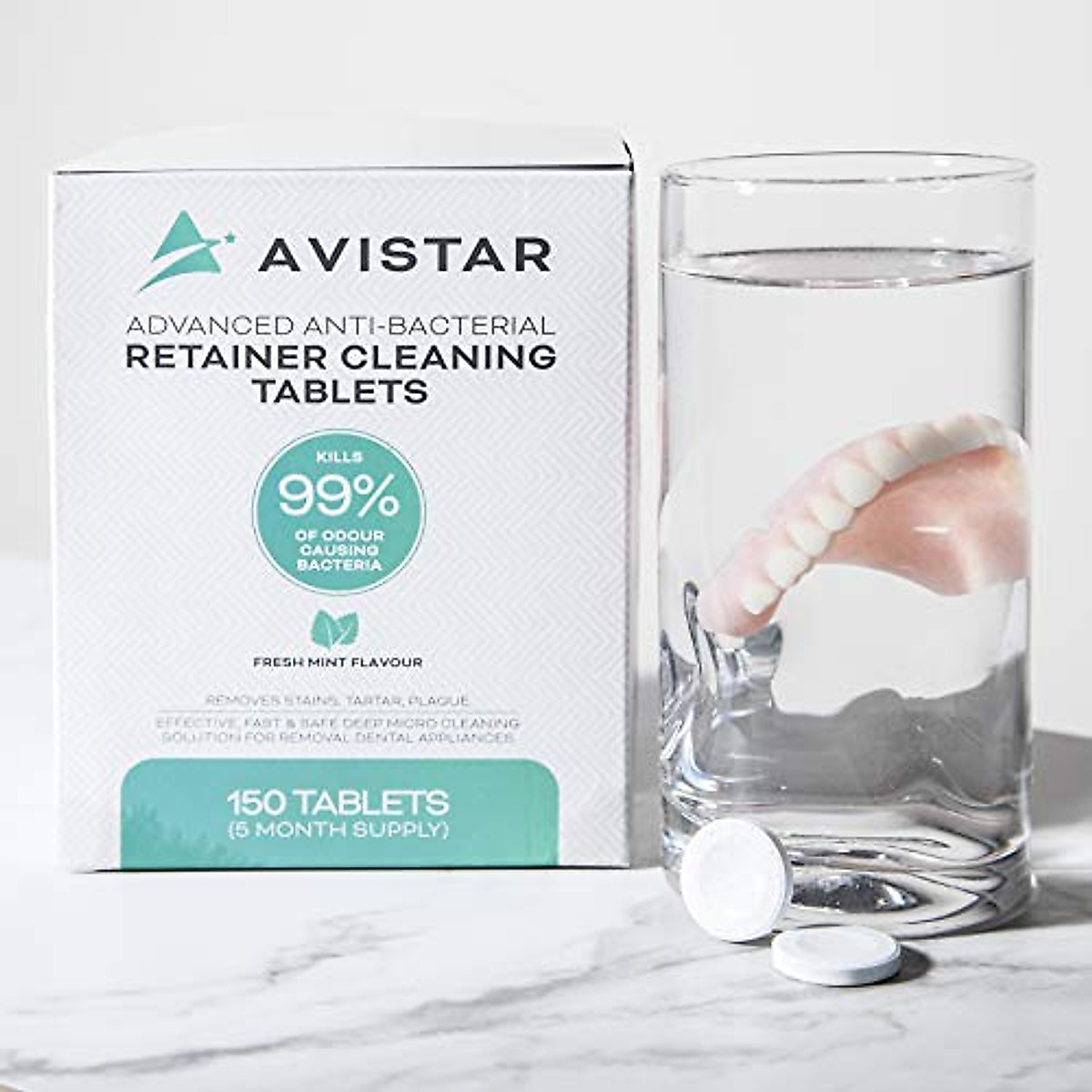 Avistar Retainer & Denture Cleaner Tablets: 150 Denture or Retainer Cleaning Tablets (Perfect For Dentures, Night Guards or Mouth Guards - Mint Flavor, 5 Month Supply)