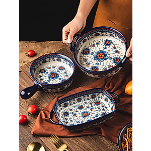 Bicuzat Blue and Orange Flower Vintage Style Ceramic Bakeware Casserole Dish Baking Pan Lasagna Pans with Handles for Oven/Cooking/Kitchen-1 PCS-22 OZ