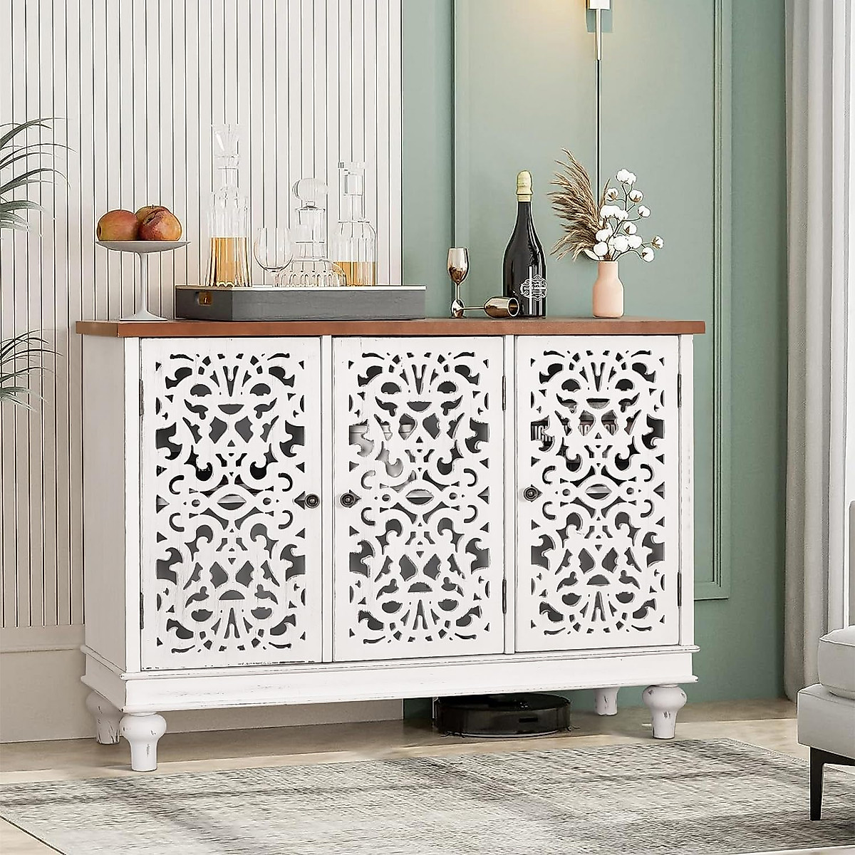 MFSTUDIO Accent Wood Storage Cabinet, Large Farmhouse Hollow-Carved Buffet Sideboard with 3 Doors Decorative Storage Cabinets for Living Room Kitchen Entryway Hallway, White