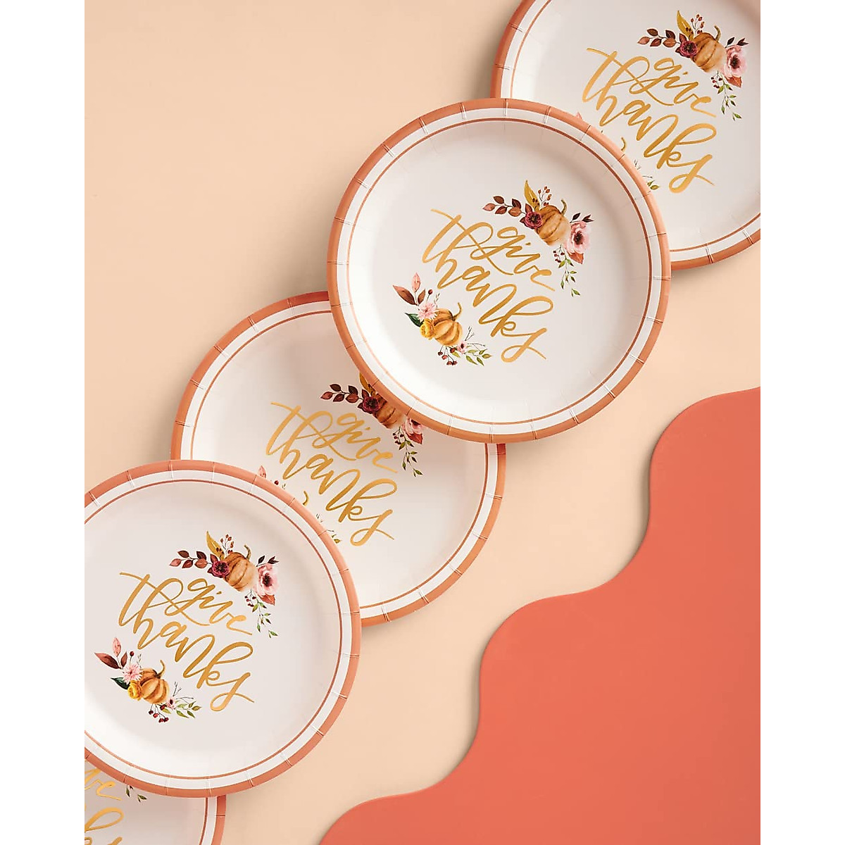 xo, Fetti Thanksgiving Gold Foil Plates - 25 count | Give Thanks Decorations, 9" Dinner Plate, Autumn Leaves, Pumpkins, Fall Table Decor