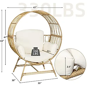 LHBcraft Wicker Round Egg Chair, Oversized Indoor Outdoor Lounger for Patio Living Room, w/ 4 Cushions, Steel Frame, 330lbs Capacity