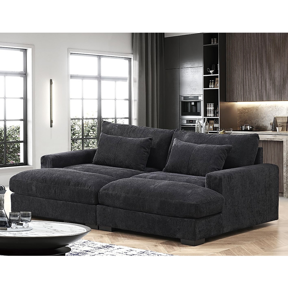 Container Furniture Direct Luxe Sleeper Sofa with Soft Corduroy Upholstery, Double Chaise Design, Convertible to Twin Size Bed, Modern and Comfortable Living Room Couch, Extra Large, Black
