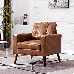 Wahson Office Chairs PU Accent Arm Chair with Tufted Back, Faux Leather Comfy Upholstered Single Sofa, Mid Century Modern Side Club Chair with Wood Legs for Reading/Living Room/Bedroom, Caramel