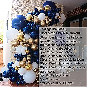 Navy Blue Gold White Balloon Arch Garland Kit-134pcs, 4 Size Navy Blue, White, Metallic Chrome Gold And Confetti Balloons For Baby&Bridal Shower, Birthday Party, Wedding, Graduation, Anniversary Party