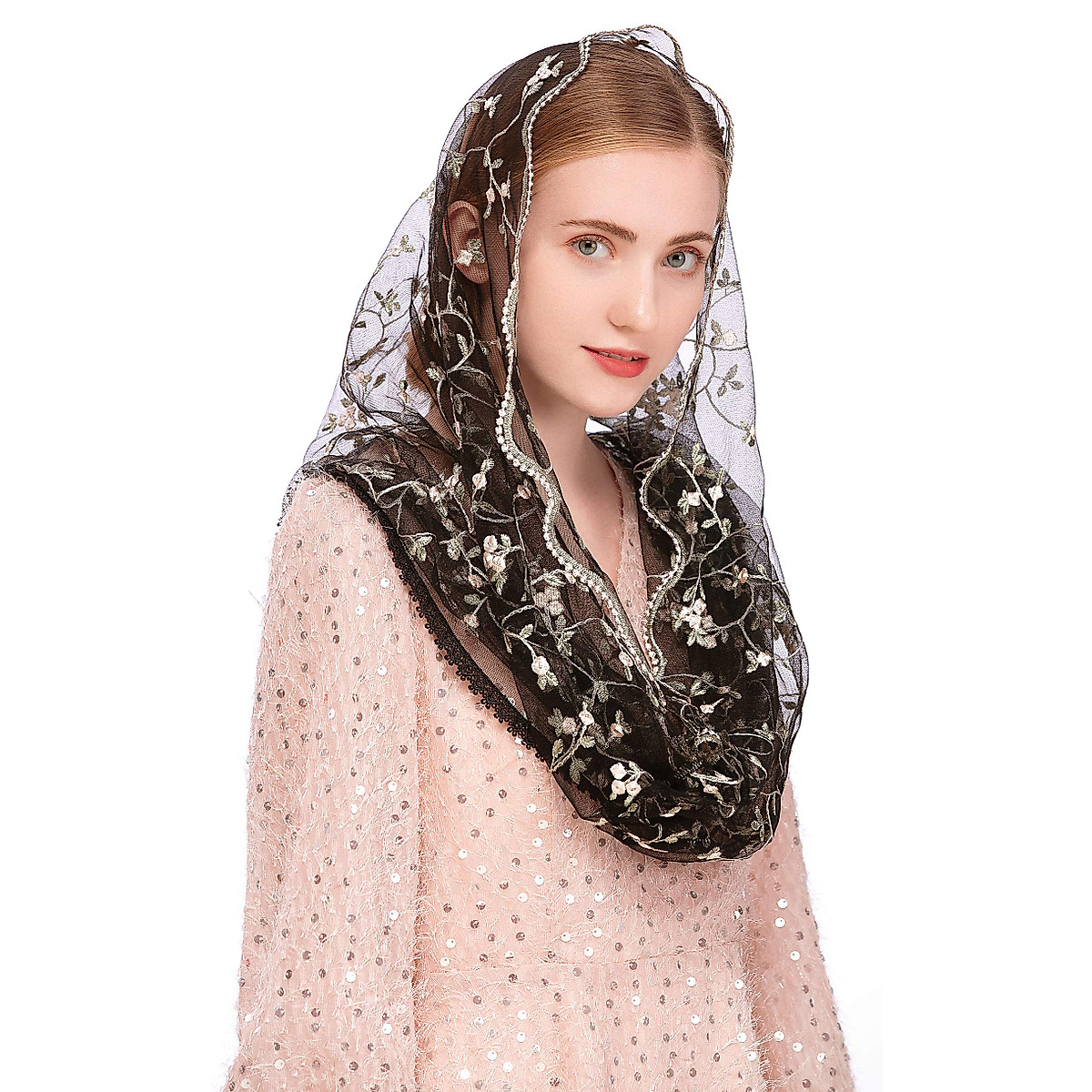 PAMOR Chapel Veils Mantilla Infinity Veil Latin Mass Little Flower Soft Embroidered Lace Head Covering Scarf (Black)