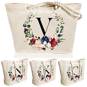 Personalized Floral Initial Cotton Canvas Beach Tote Bag, Customize Monogrammed Totes Gift for Bridesmaid (Initial V)
