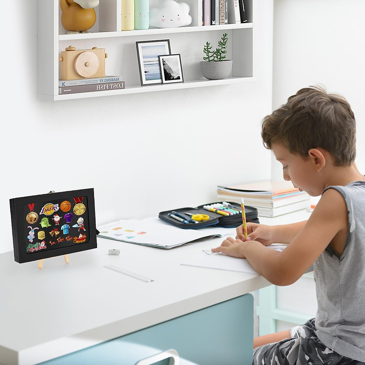 Dustproof Pin Display Case PU Leather 8''x6'' Pin Display Board Shadow Box Frame with Hooks and Wood Frame For Enamel Pin, Military Medals, Jewelry Pins, Pin Badge Collection, Rings, Necklaces (Black)