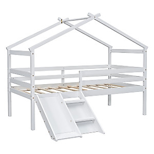 Bekeknlny Twin Low House Bed for Kids with Slide, Ladder, Safety Guardrails, Modern Wood Loft Bed for Boys Girls, No Box Spring Needed (White/House*L, Twin)