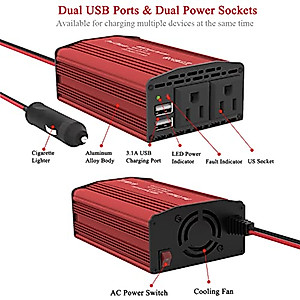 Pro Chaser 400W Power Inverters for Vehicles - DC 12v to 110v AC Car Inverter Converter, 6.2A Dual USB Charging Ports, Dual AC Adapter for Air Compressor Laptops