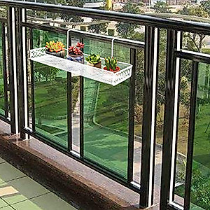 Chris.W Iron Hanging Shelf Basket with Hooks Balcony Succulent Plants Mini Flower Pot Holder Railing Shelf, for Patio Porch or Fence (White)-Small