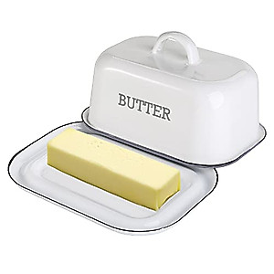 Suwimut Butter Dish with Lid, Farmhouse White Enamel Butter Dish Vintage Style Enamelware Butter Container with Cover, Enameled Steel Butter Keeper Butter Stick Holder for Countertop Kitchen Decor