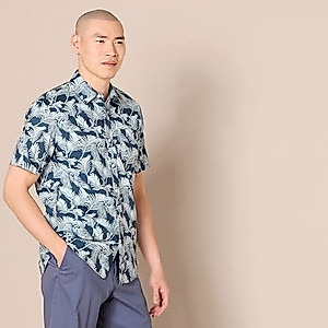 Amazon Essentials Slim-Fit Men's Short Sleeve Button Down Shirt, Aqua Blue Navy Palm Leaf Design, XX-Large