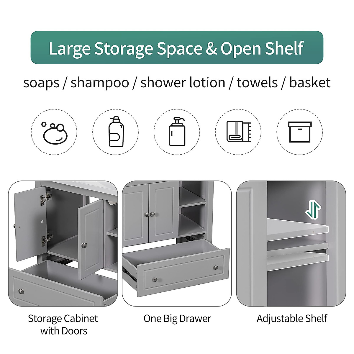 LUMISOL 30" Bathroom Vanity with Sink, Modern Bathroom Vanities with Soft-Closing Doors and Storage Drawer, Solid Wood Bathroom Cabinet with Ceramic Sink, Grey