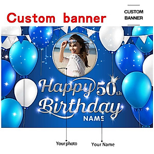 Custom Navy Blue Happy 50th Birthday Decoration Banner - Personalized with Photos and Names