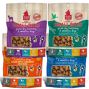 PLATO Small Bites Training Dog Treat Variety Pack, (1) 6oz Bag of Each: Salmon, Organic Chicken, Duck, Lamb, 1.5lb Total