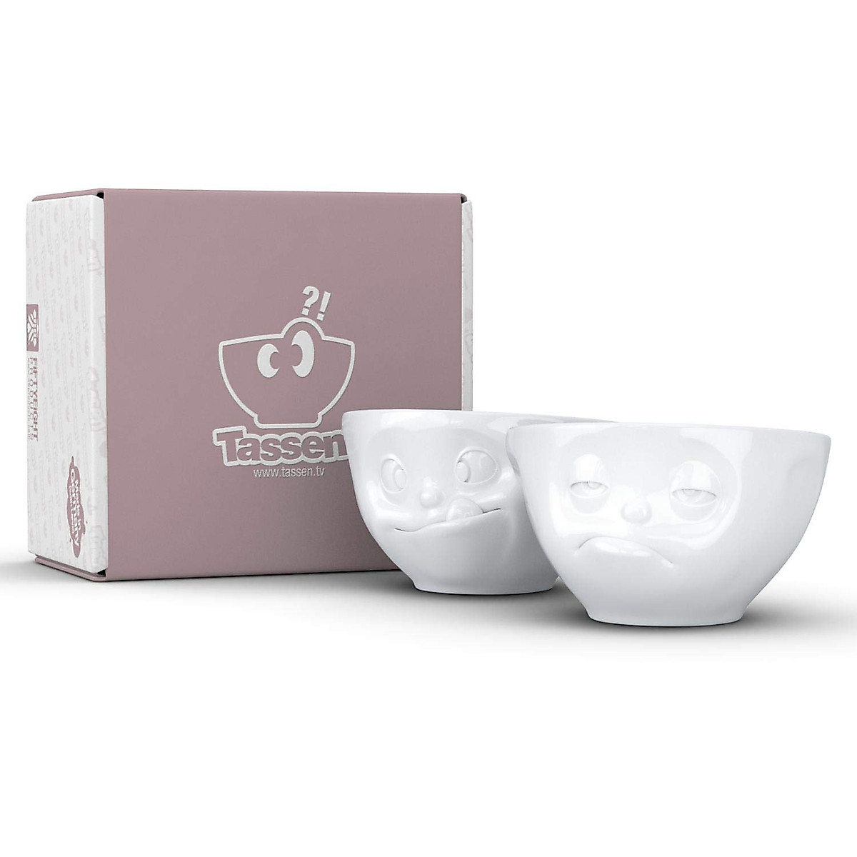 FIFTYEIGHT PRODUCTS TASSEN Medium Porcelain Bowl Set No. 3, Tasty & Snoozy Face, 6.5 oz. White (Set of 2 Bowls)