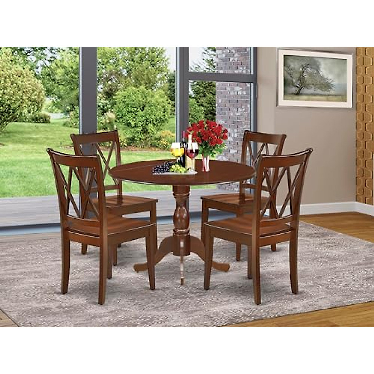 East West Furniture DMCL5-MAH-W 5 Piece Kitchen Table & Chairs Set Includes a Round Dining Table with Dropleaf and 4 Dining Room Chairs, 42x42 Inch, Mahogany